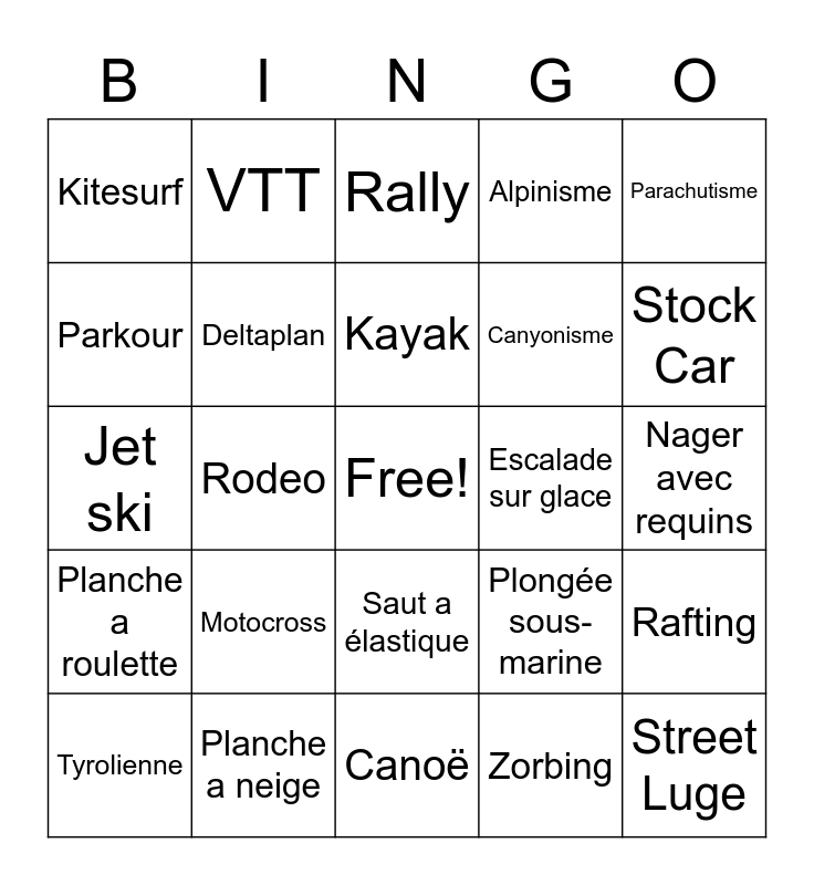 Les Sports Extreme Bingo Card