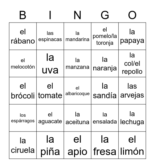 Frutas y Verduras Bingo Card