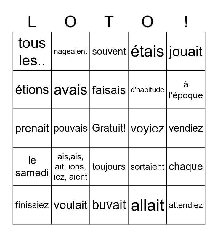 L'imparfait Bingo Card