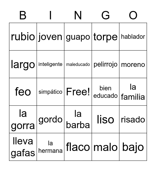 Spanish I: Family and Adjectives Bingo Card
