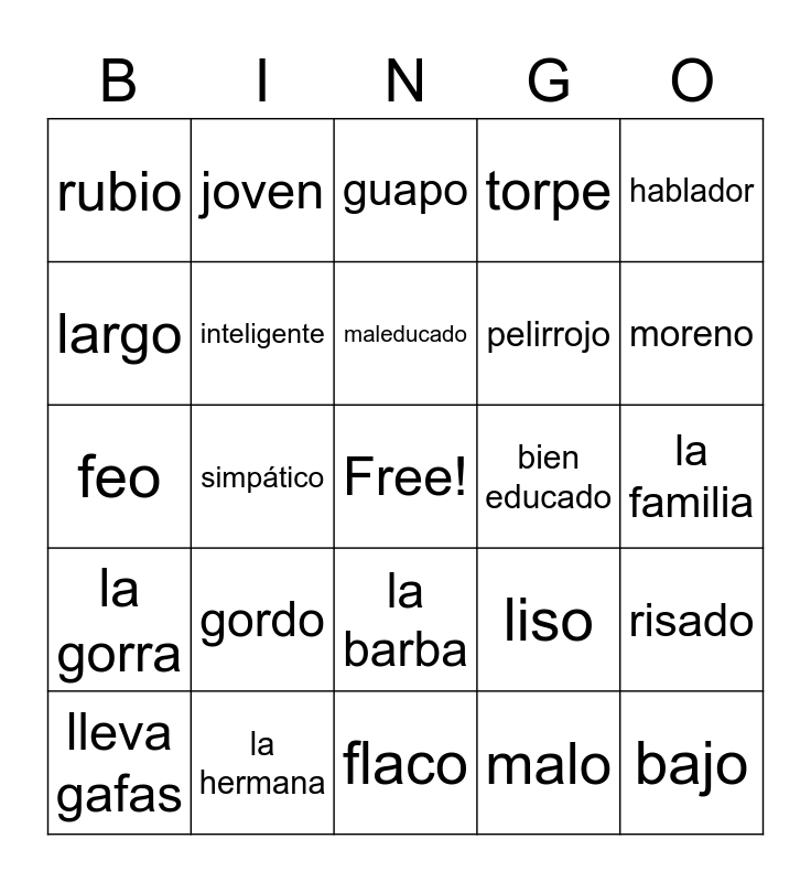 Spanish I: Family and Adjectives Bingo Card