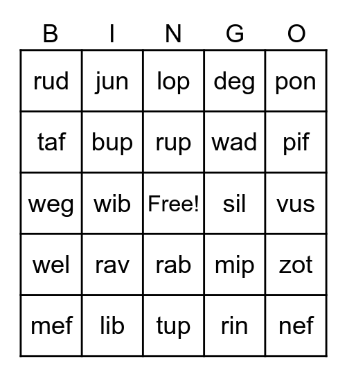 CVC Nonsense Words Bingo Card