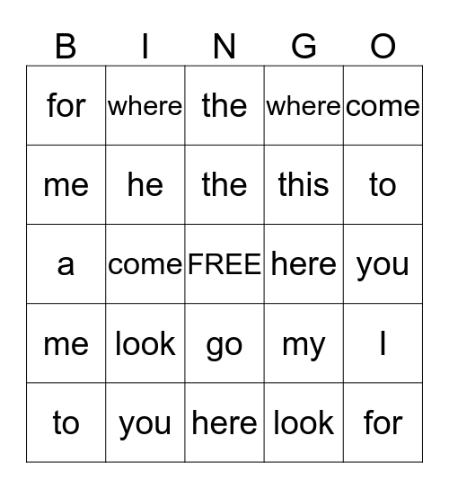 High Frequency Word BINGO Card
