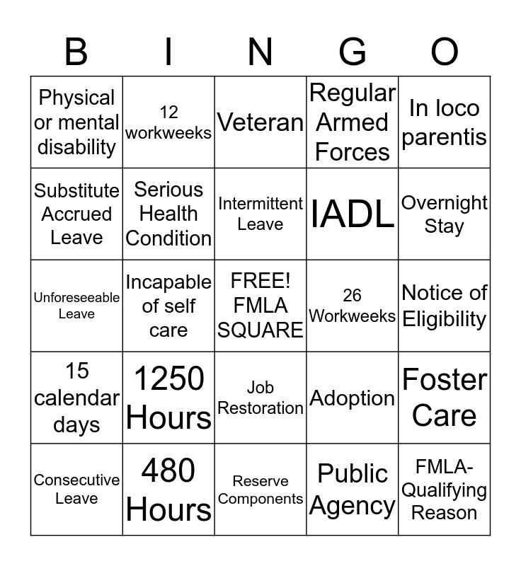 FMLA Bingo Card