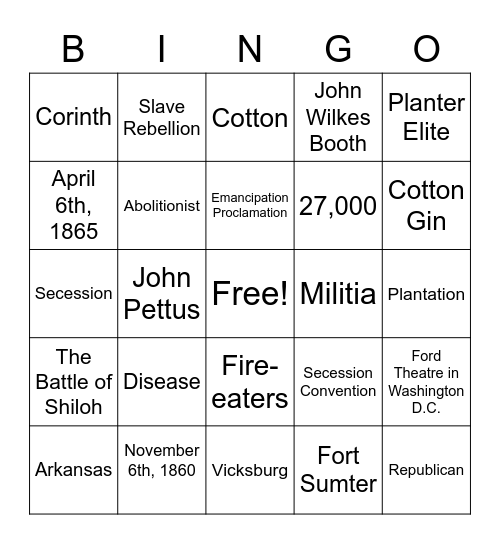 Civil War Bingo Card