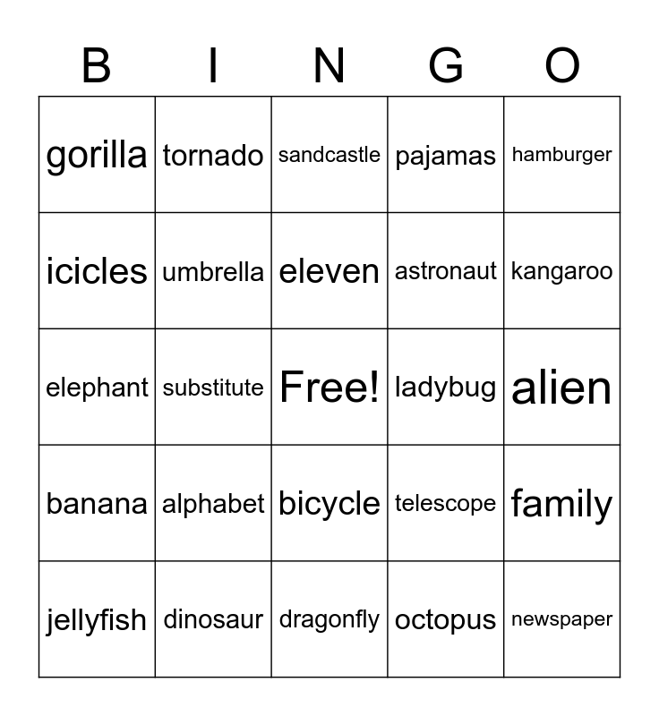 3 Syllable Words Bingo Card 3 Syllable Words Bingo Card