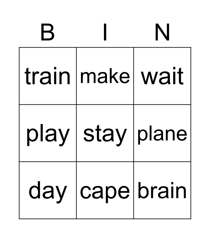 Long A Words Bingo Card