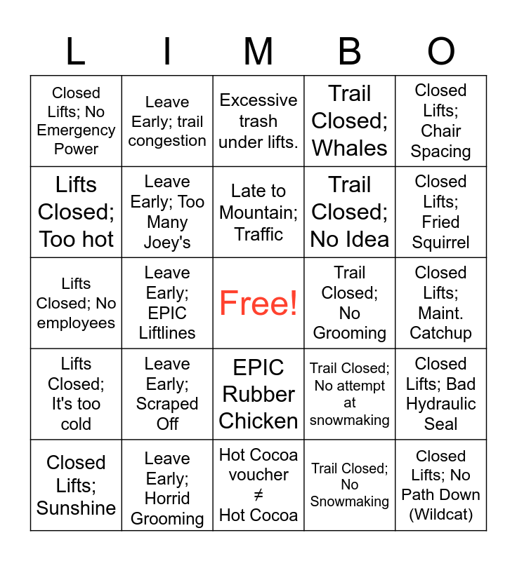 Vail Resorts Dissapointment - LIMBO Bingo Card