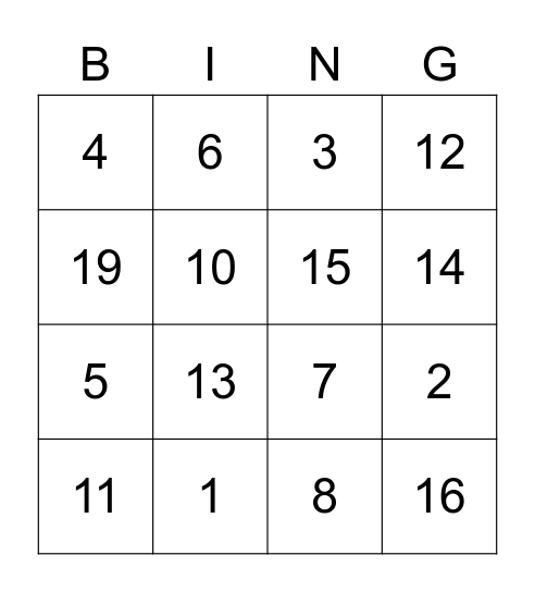Number Bingo 0-20 Bingo Card