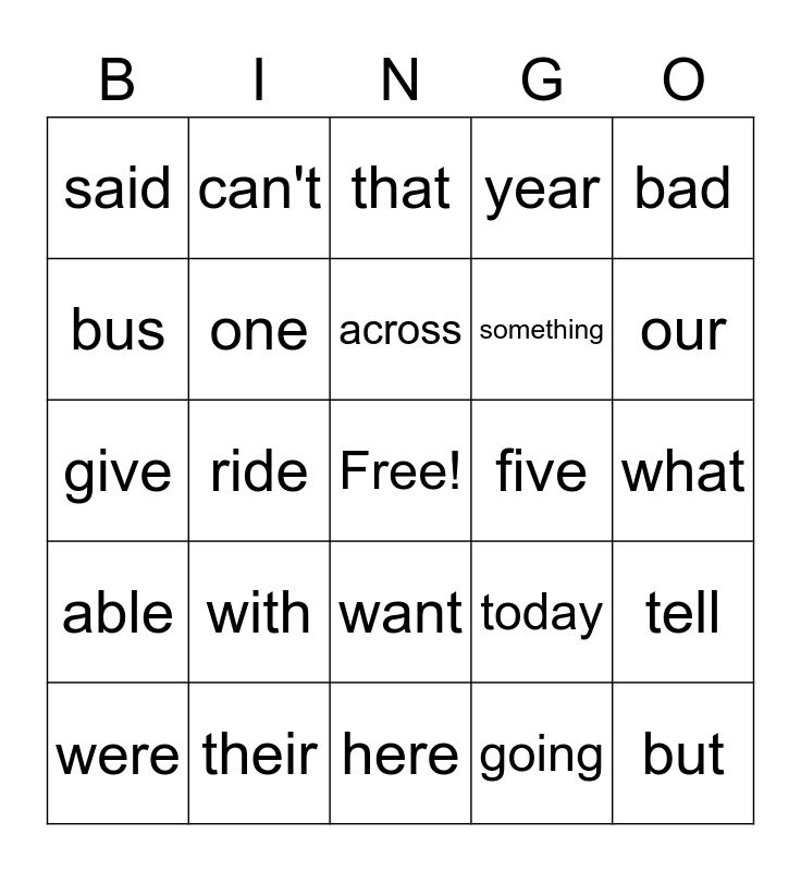 100 Sight Word List Bingo Card