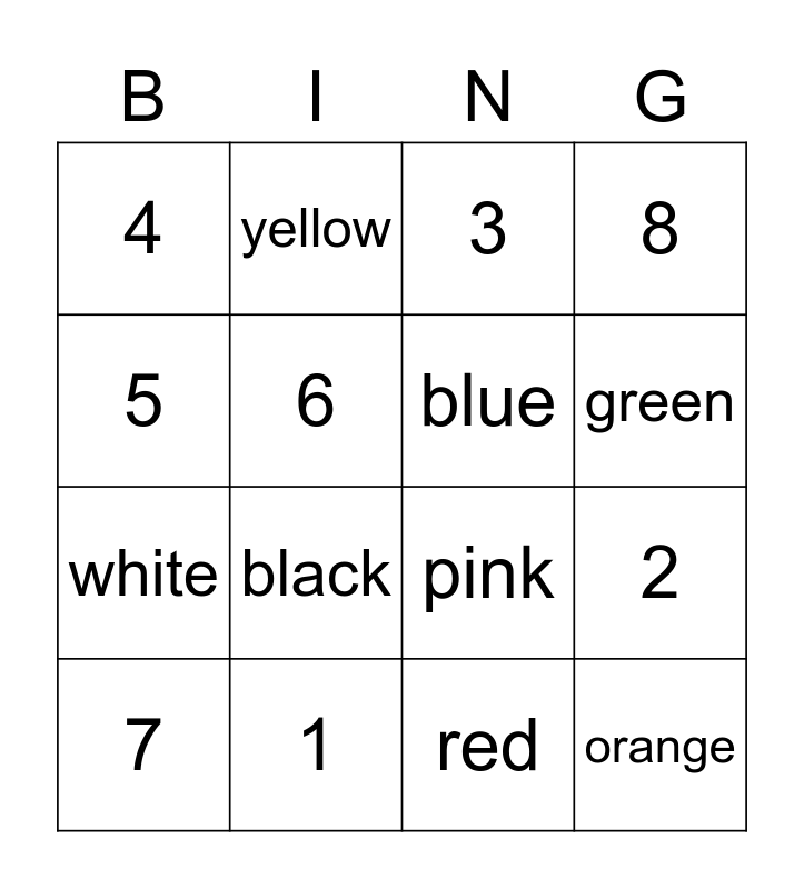 Numbers and Colours Bingo Card