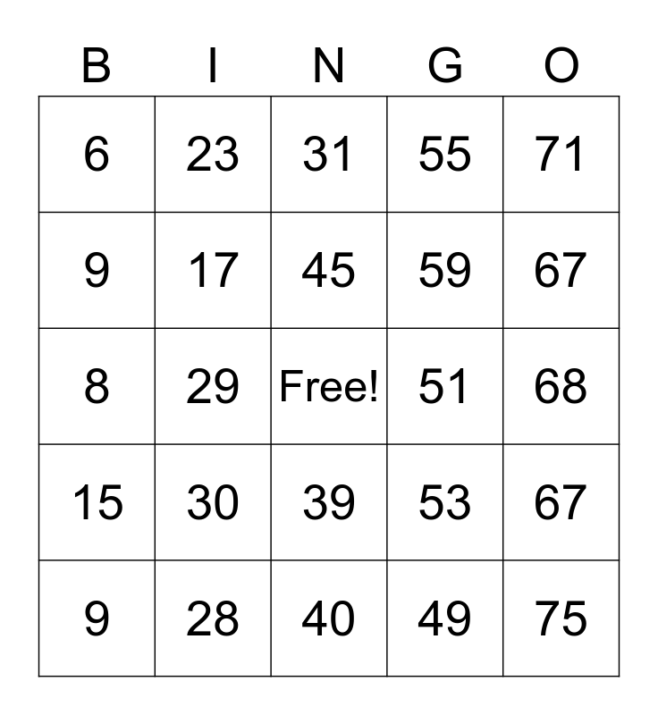 Number Bingo 1-75 Bingo Card