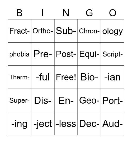 Root Words Bingo Card