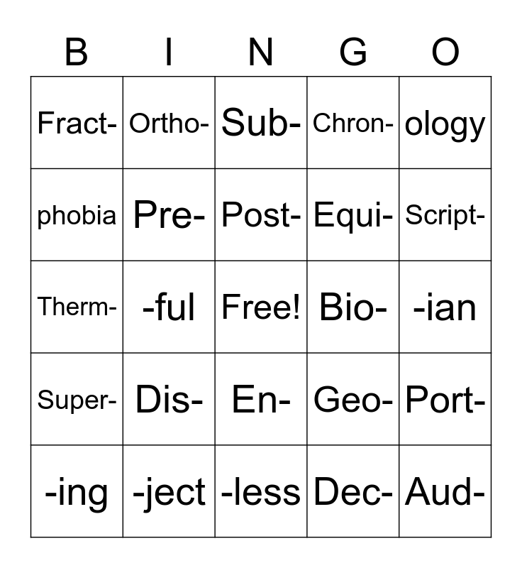 Root Words Bingo Card