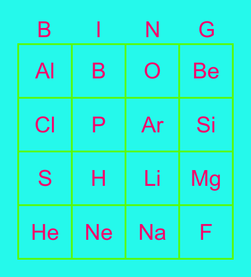 Element Symbols 1-18 Bingo Card