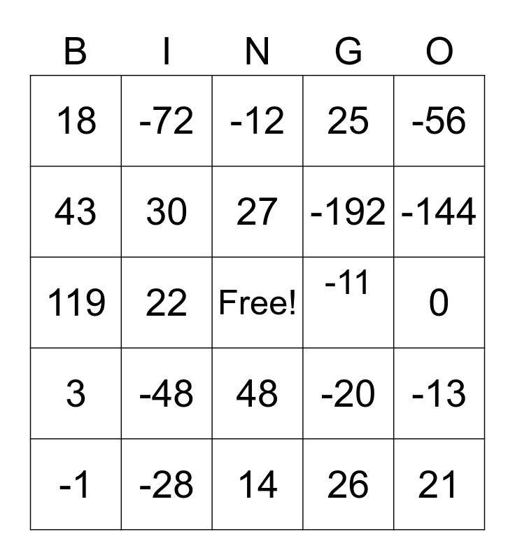 Integer Bingo Card