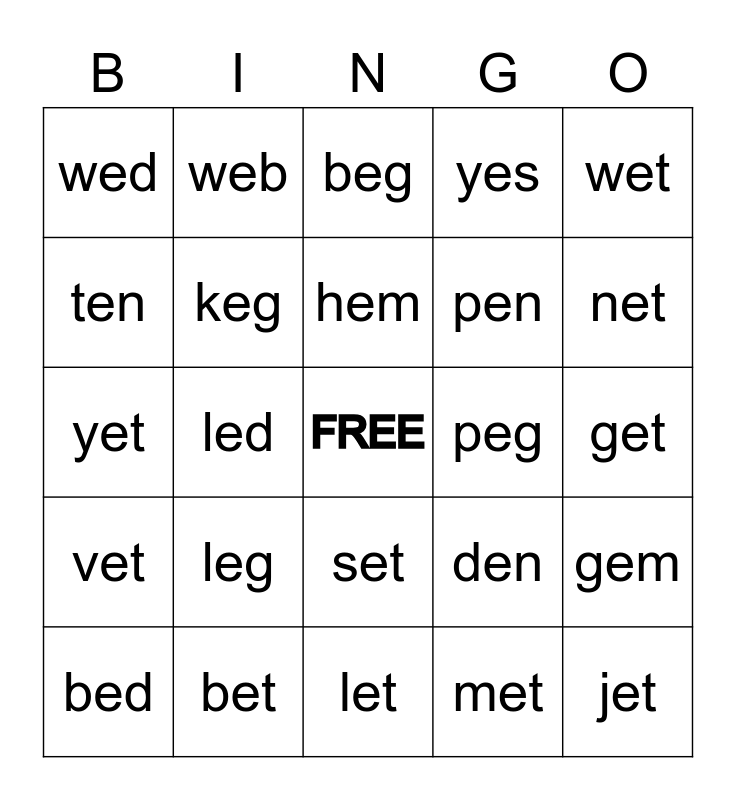 E Bingo (CVC) Bingo Card