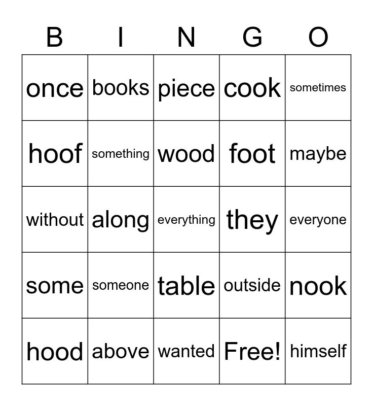 Site Word Bingo Card