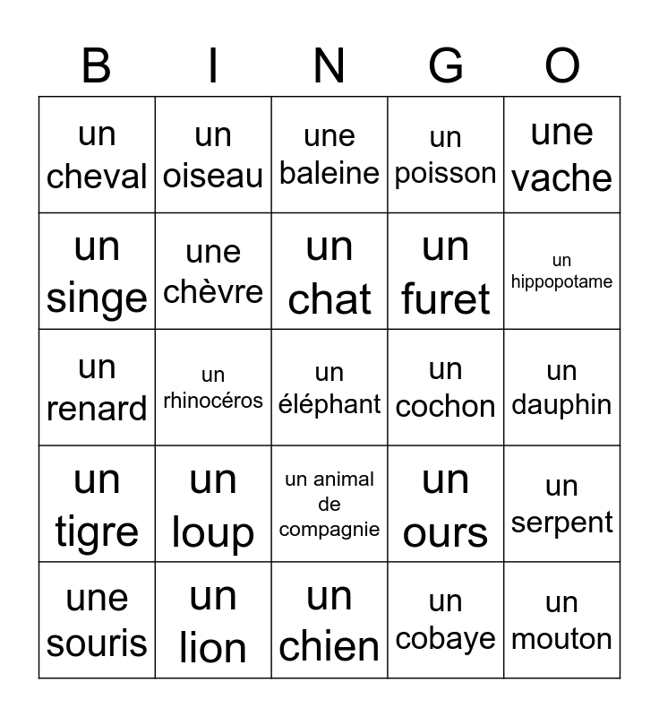 Les Animaux Bingo Card