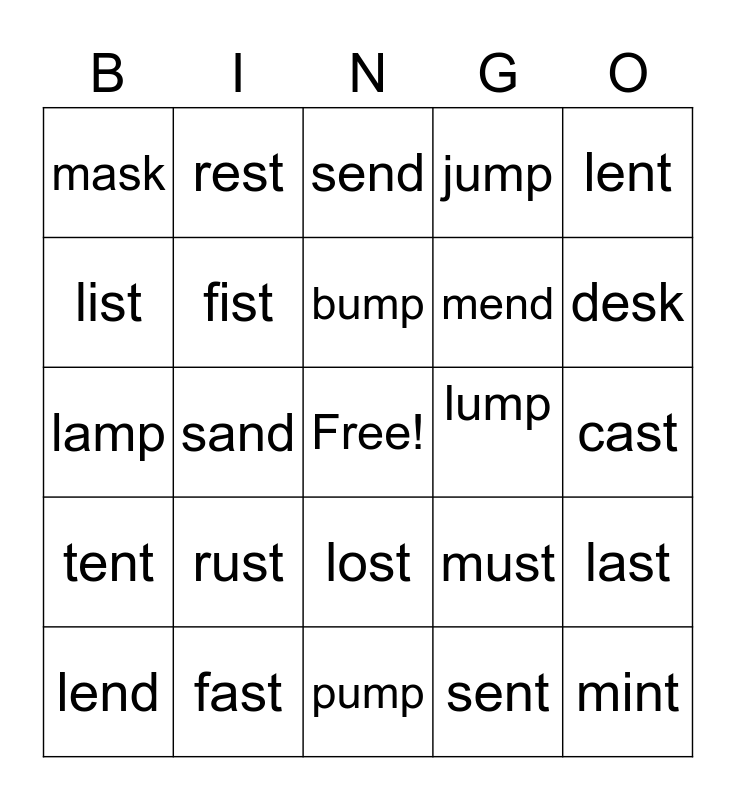 Bingo "st" "mp" "nd" "nt" "sk" Bingo Card