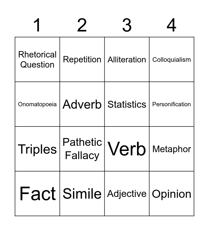 Language Techniques Bingo Card Language Techniques Bingo Card