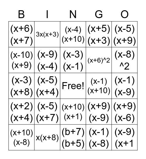 Factoring is FUN! Bingo Card