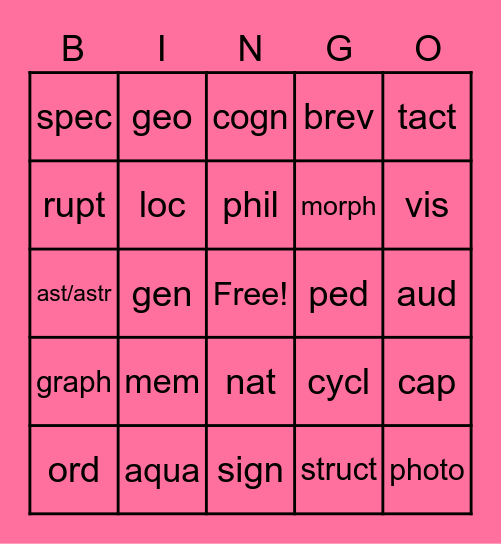 Greek and Latin Roots BINGO Card