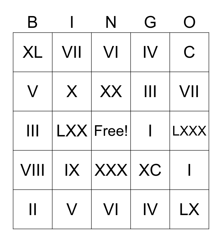 Latin numbers Bingo Card