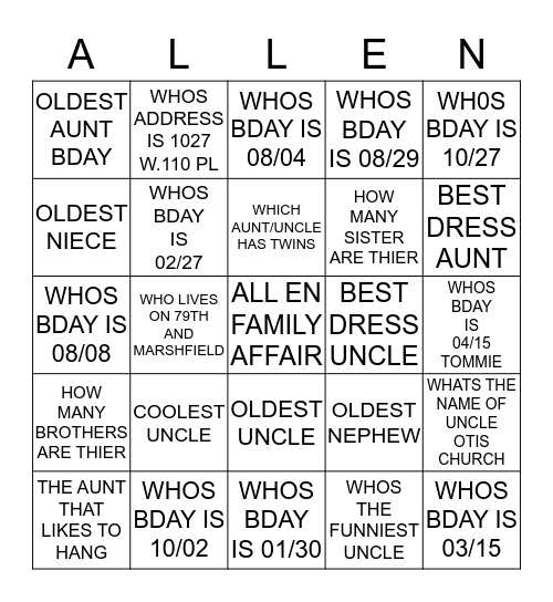 ALL EN FAMILY BINGO Card