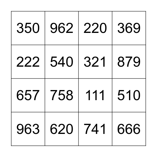 Numbers 100+ Bingo Card