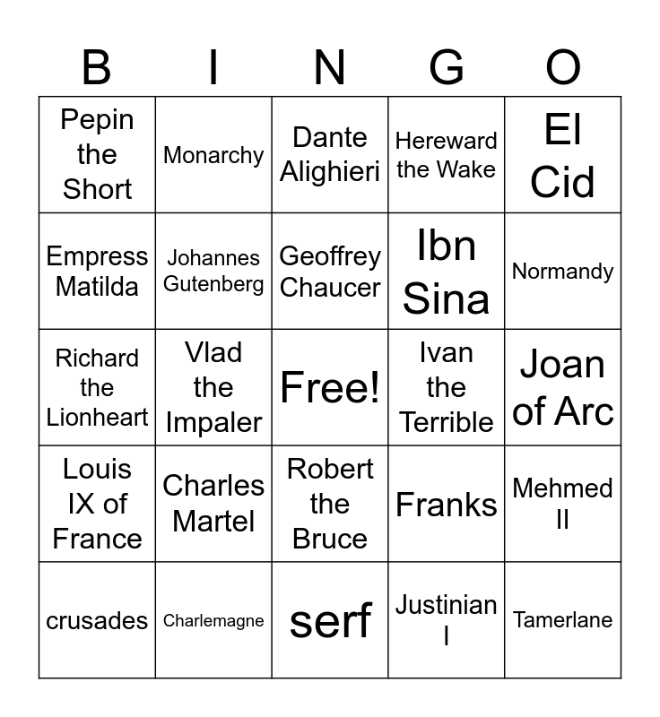Medieval Times Bingo Card