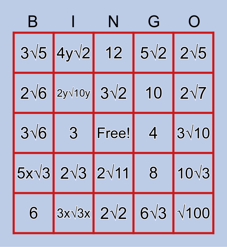 Simplifying Radicals Bingo Card