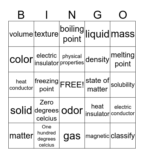Properties of Matter Bingo Card