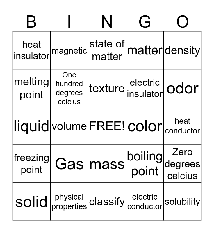 Properties of Matter Bingo Card