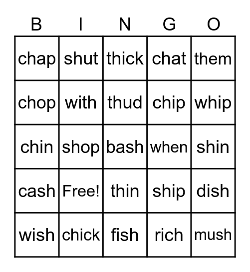 Digraphs Bingo Card