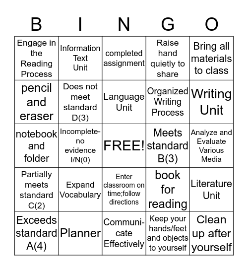 English Language Arts Grade 6 Syllabus Bingo Card English Language Arts Grade 6 Syllabus Bingo Card
