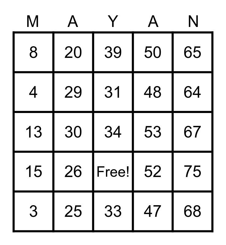 Number Bingo 1-20 Bingo Card