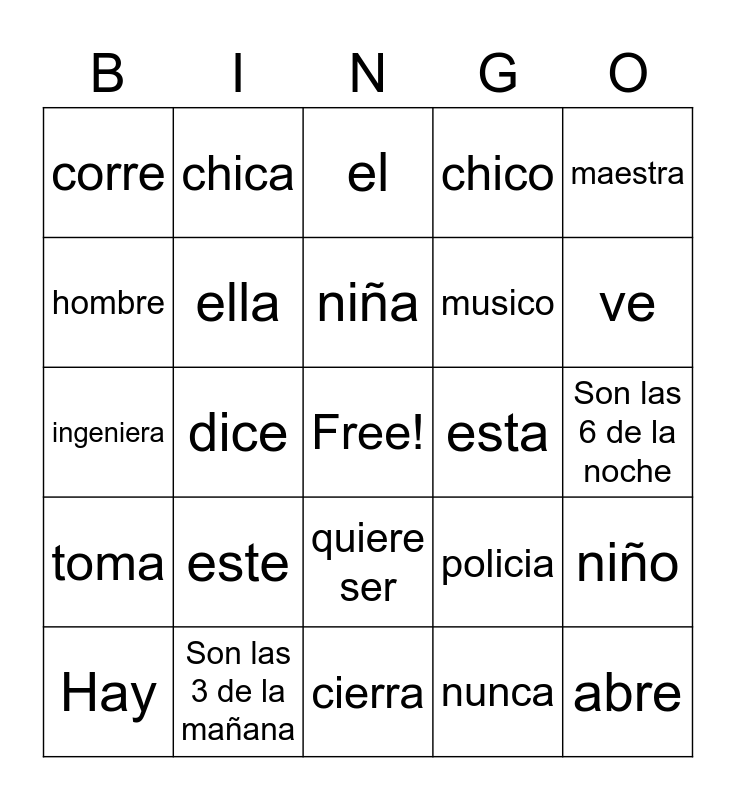 Intro to Spanish Bingo Card
