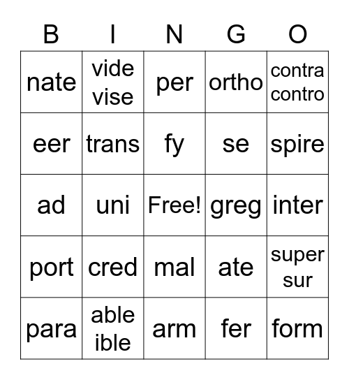 1st Block Morphology Bingo Card
