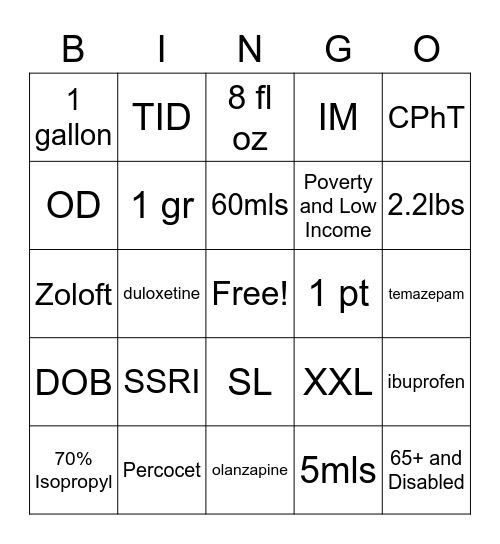 Pharmacy Tech Comprehensive Bingo Card