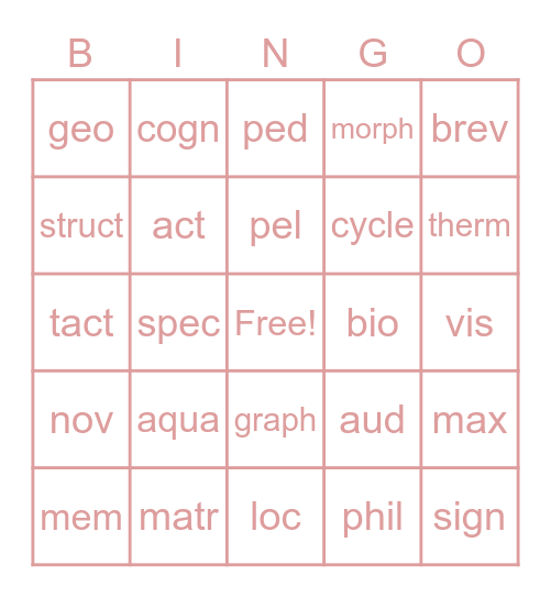 Greek and Latin Roots Bingo Card