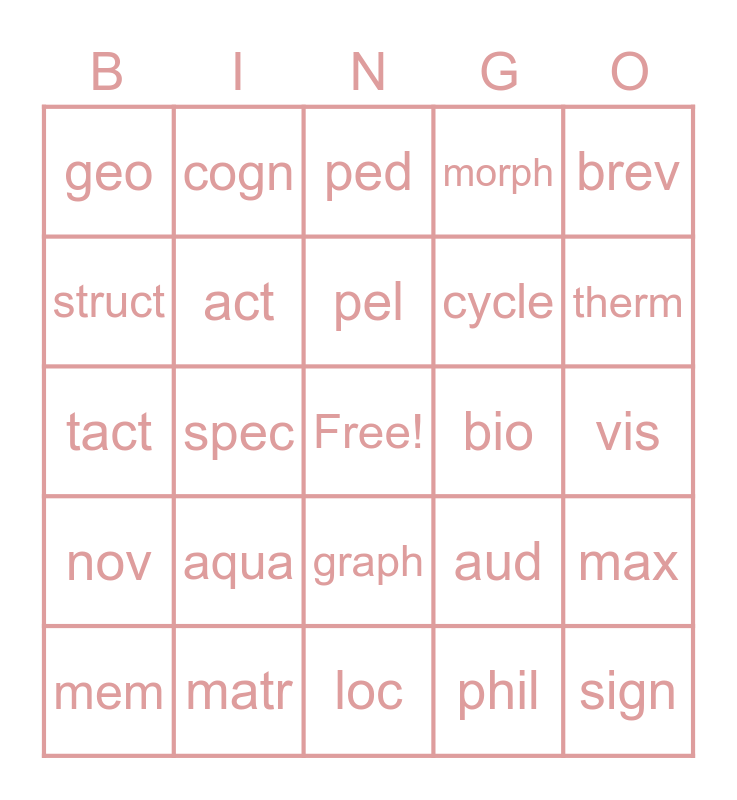 Greek and Latin Roots Bingo Card