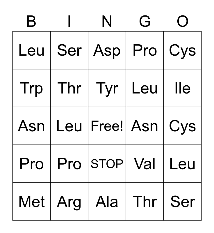 Codon Bingo Card
