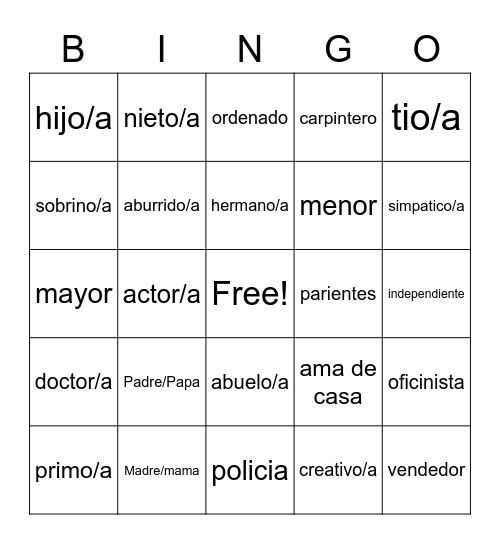 La Familia Bingo Card