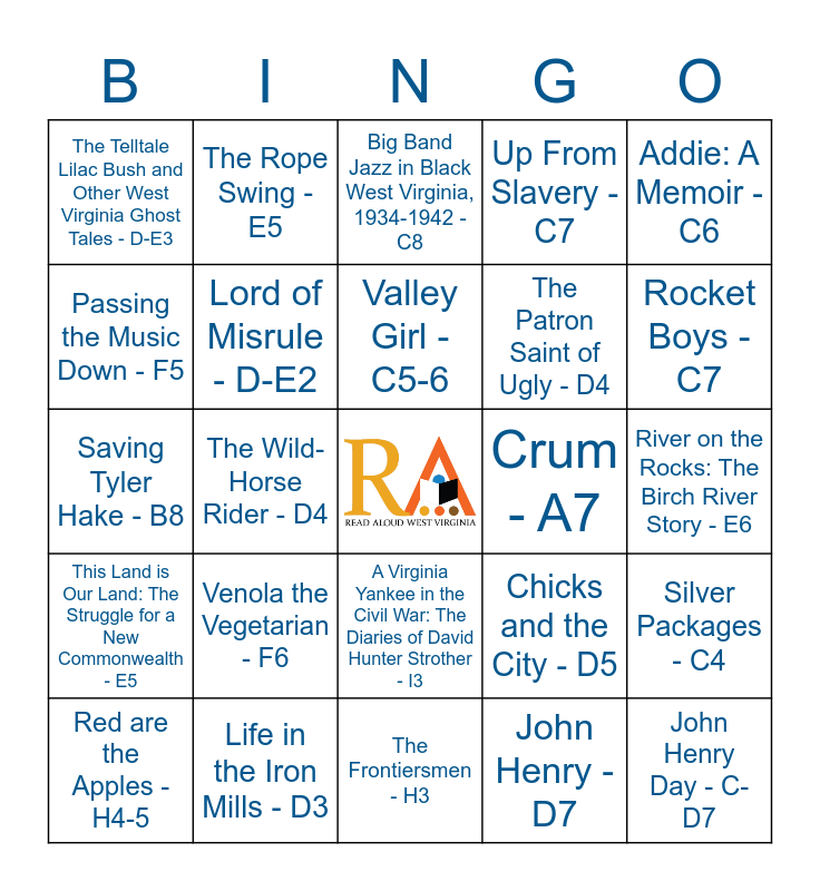 Read Around WV Map Bingo Card