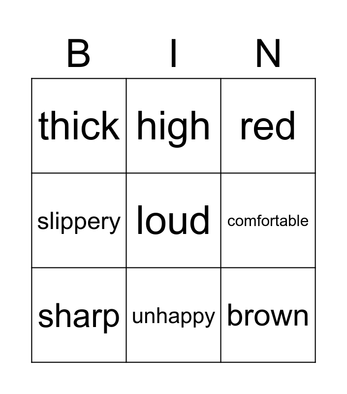 Adjectives Bingo Card
