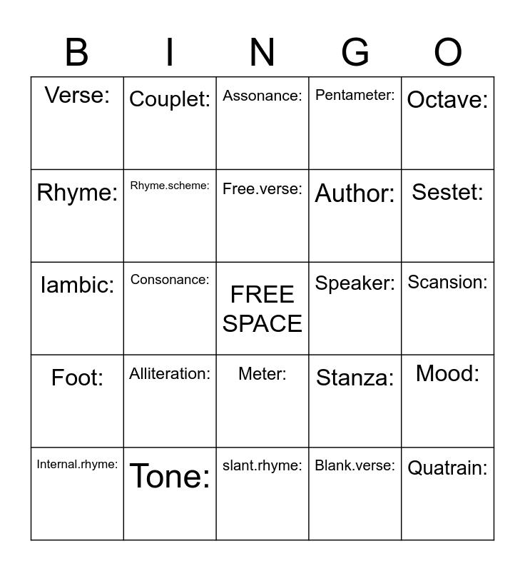 Poetry Bingo Card