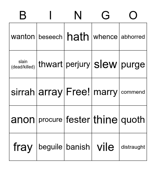 Shakespeare's Words Bingo Card