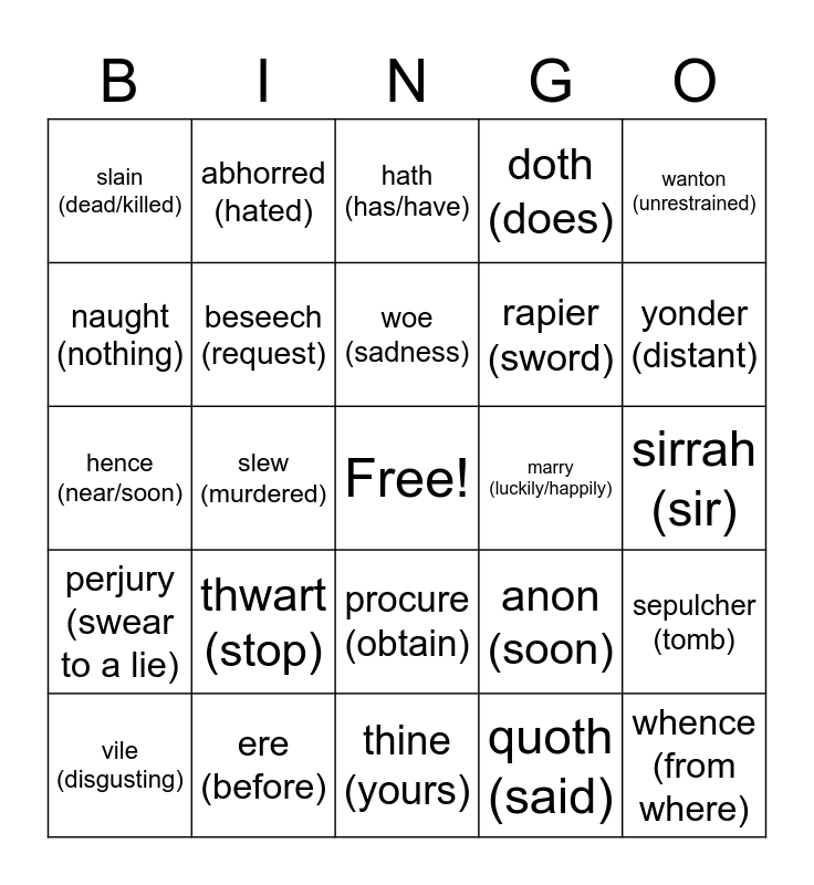 Shakespeare's Words Bingo Card