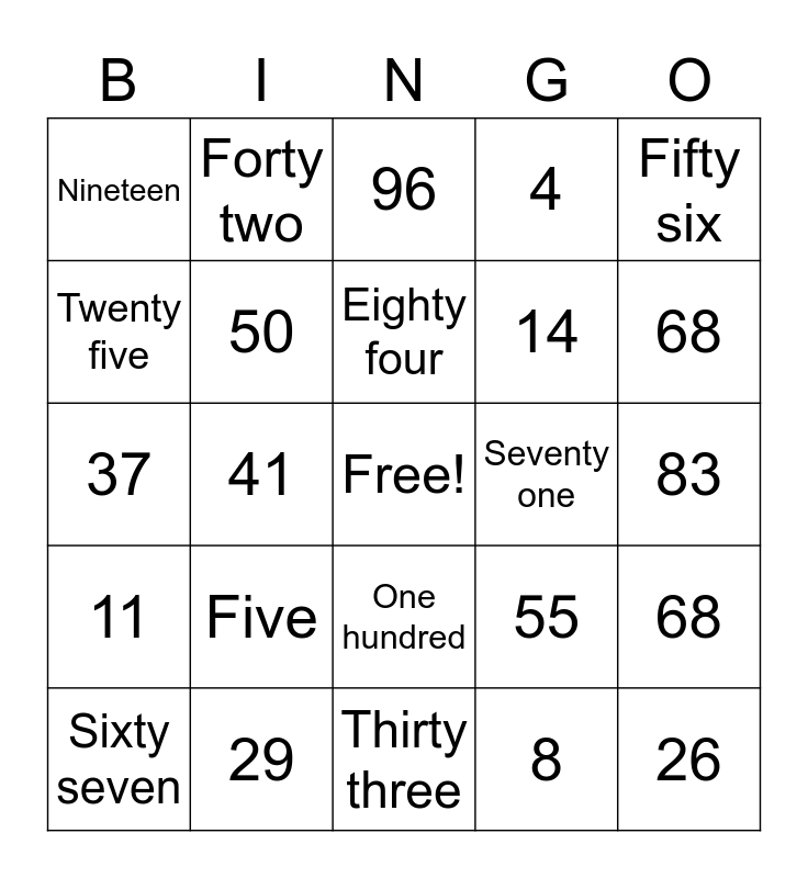 Numbers 1 - 100 Bingo Card
